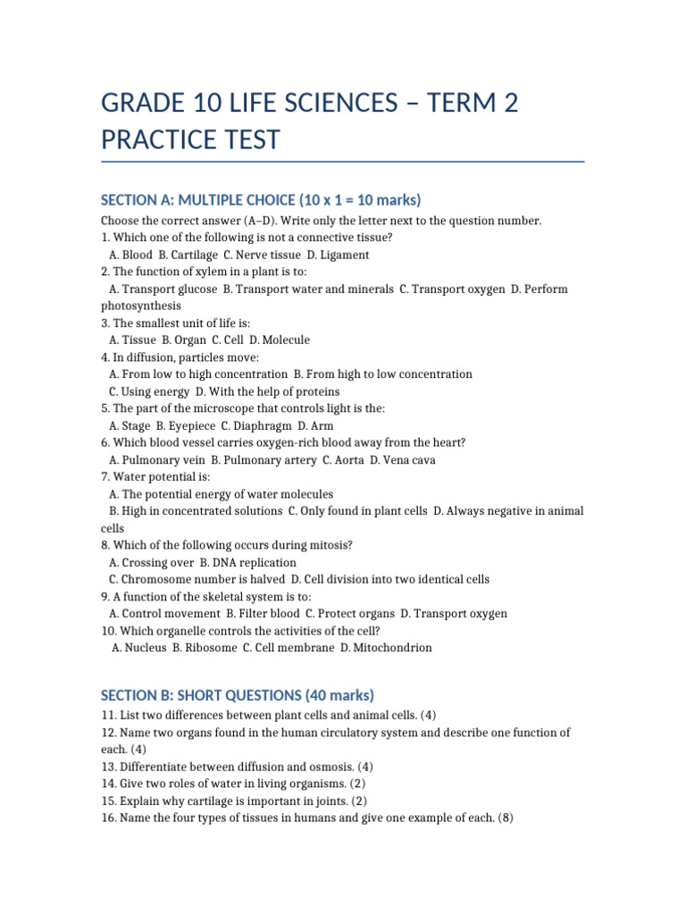 Life Sciences Term 2 Test With Memo | PDF | Atrium (Heart) | Heart
