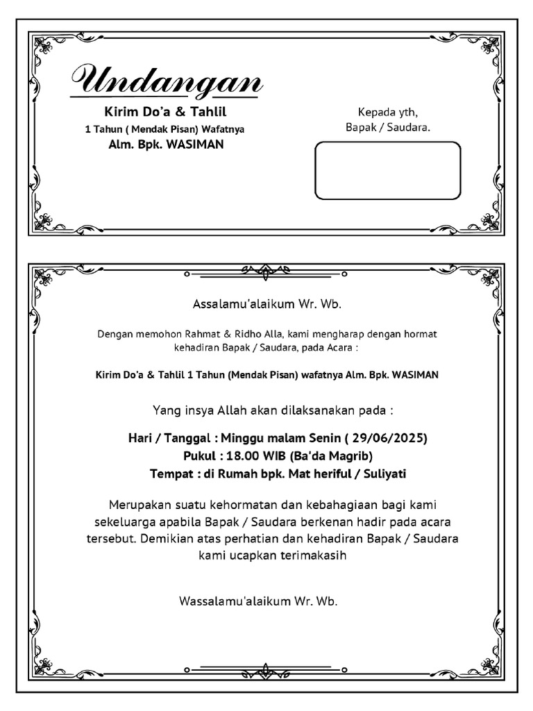 Putih Hitam Minimalis Klasik Undangan Yasin Dan Tahlil PDF | PDF