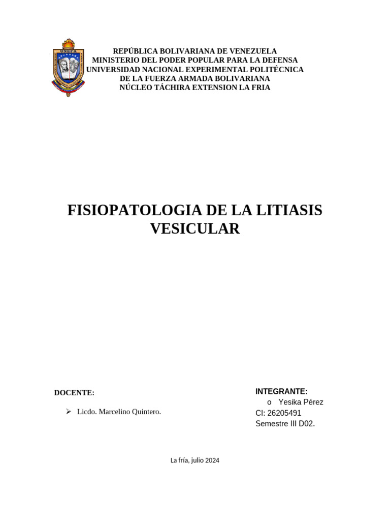 Fisiopatologia de Litiasis Vesicular | PDF | Bilis | Vesícula biliar