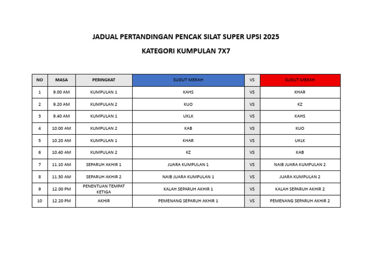 Jadual Pertandingan Pencak Silat Super Upsi 2025 | PDF