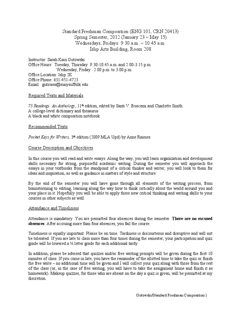 Eng 101 Syllabus Spring 12 | PDF | Homework | Essays
