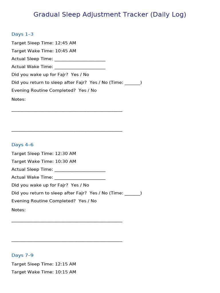 Daily Sleep Log Gradual Adjustment | PDF | Sleep | Biological Concepts
