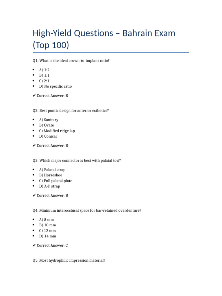 Bahrain High Yield Questions Top100 v2 | PDF | Dentures | Dental Implant