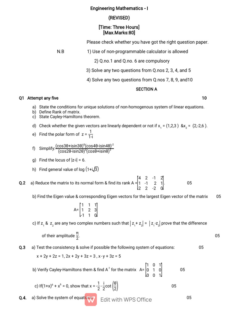 Practice Paper Mathematics 1 Engineering | PDF | Eigenvalues And Eigenvectors | Matrix (Mathematics)
