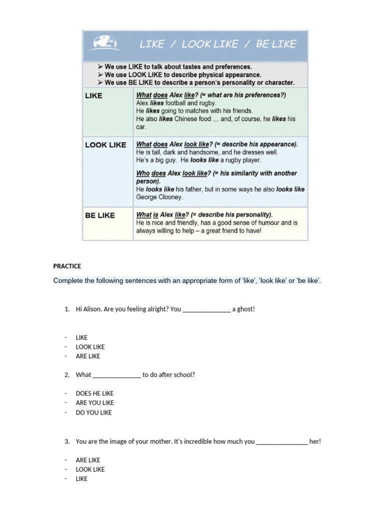 Exercises on "Like" and "Look Like" | PDF