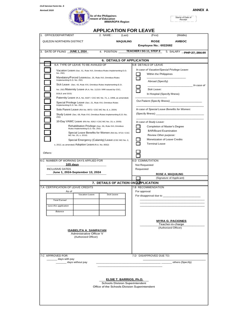 CS Form No. 6, Revised 2020 (Application for Leave) (Secured) | PDF | Childbirth | Parental Leave