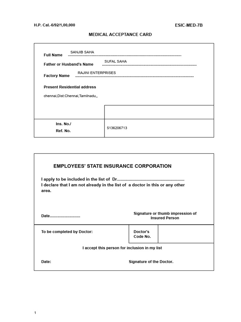 ESIC Medical Acceptance Card Form | PDF