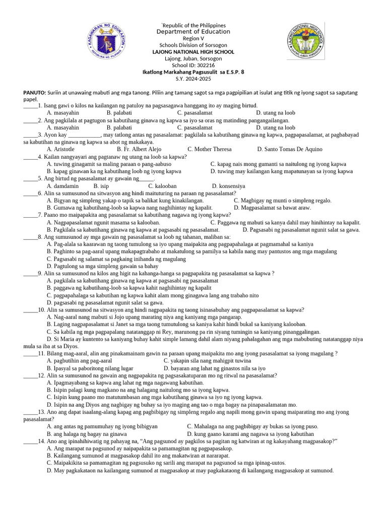 ESP 8 3rd Quarterly Examination S.Y. 2024-2025 | PDF