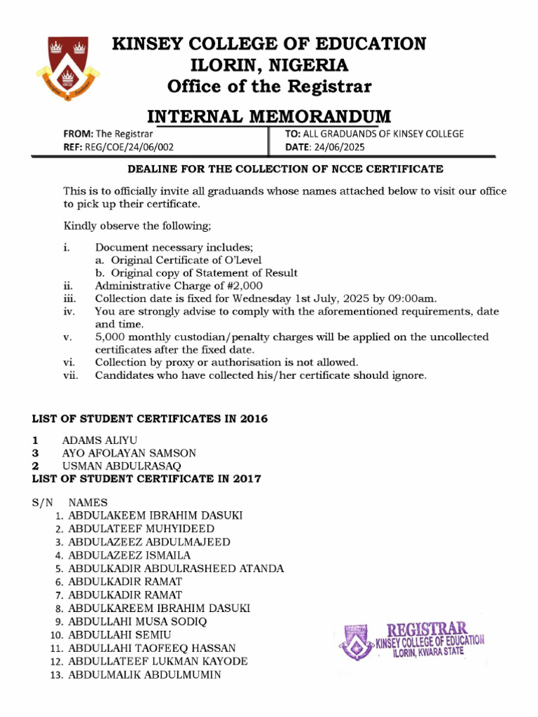 Kiney Certificate Memo - 00001 | PDF
