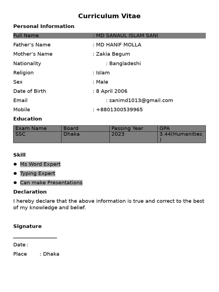 Sani Normal CV | PDF