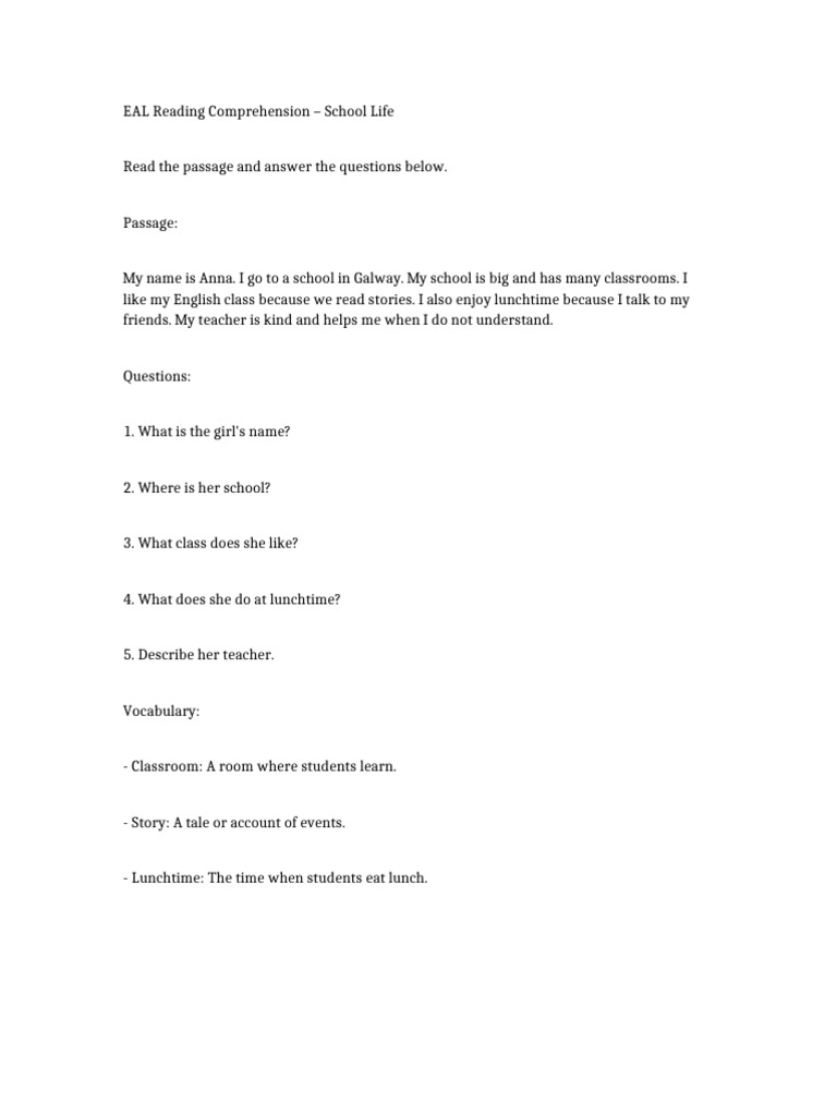 EAL Reading School Life | PDF