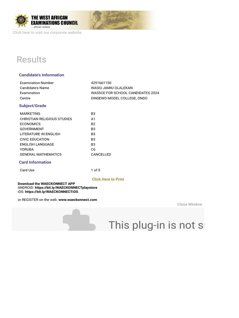 WASSCE 2024 Results for Wasiu Olalekan | PDF