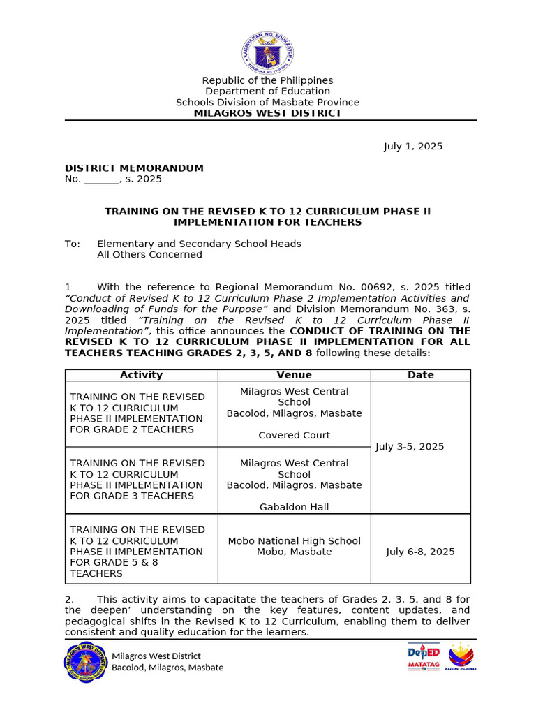 Memo Revised K To 12 Curriculum Phase II Implementation | PDF ...