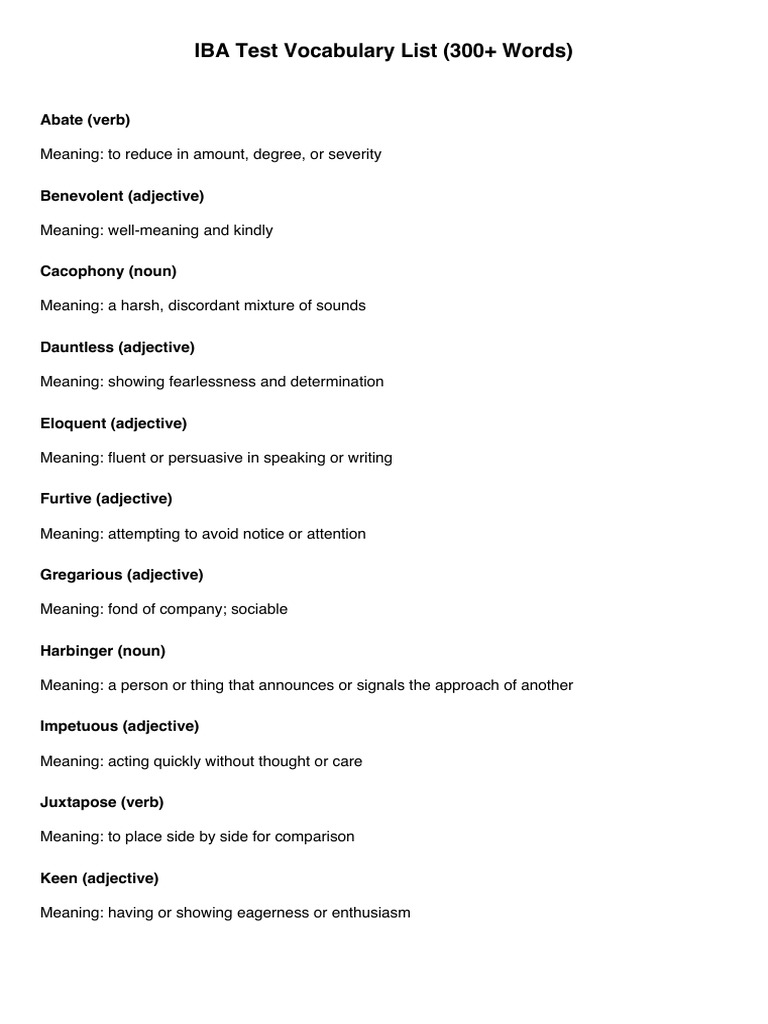 IBA Vocabulary List: 300+ Words | PDF | Adjective | Verb