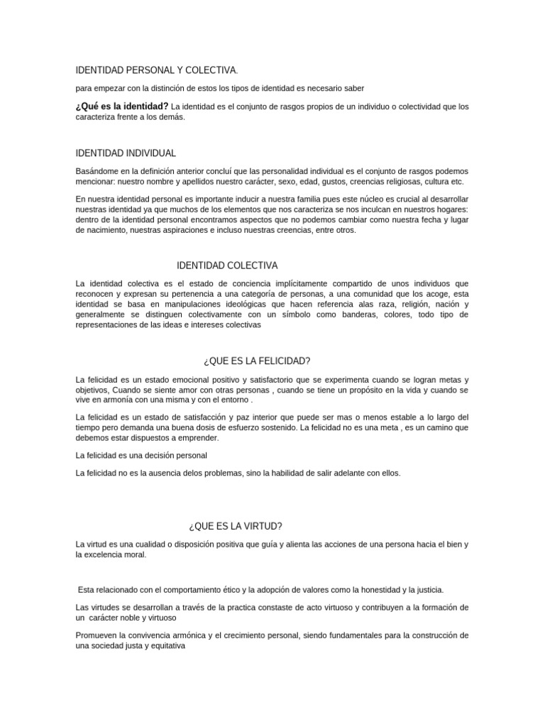 Identidad Personal y Colectiva: Conceptos Clave | PDF | Virtud | Felicidad