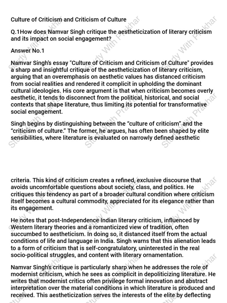 Namvar Singh on Critique of Cultural Aesthetics | PDF | Literary ...