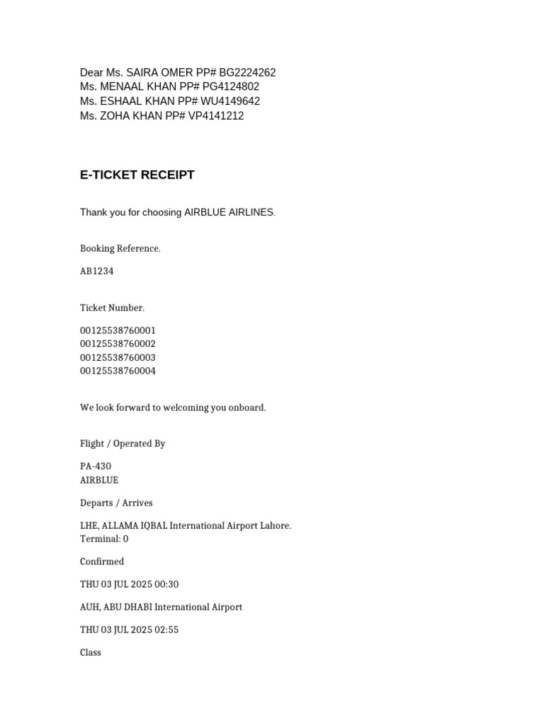 Airblue E-Ticket Confirmation Details | PDF