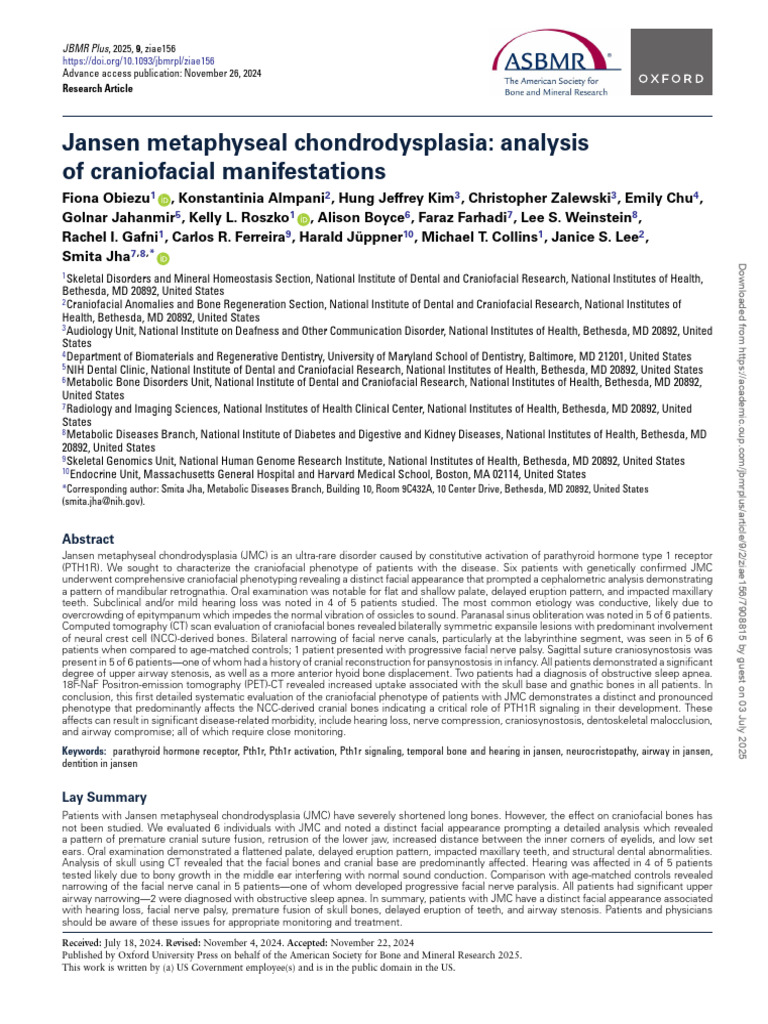 Jansen Metaphyseal Chondrodysplasia - Analysis of Craniofacial ...