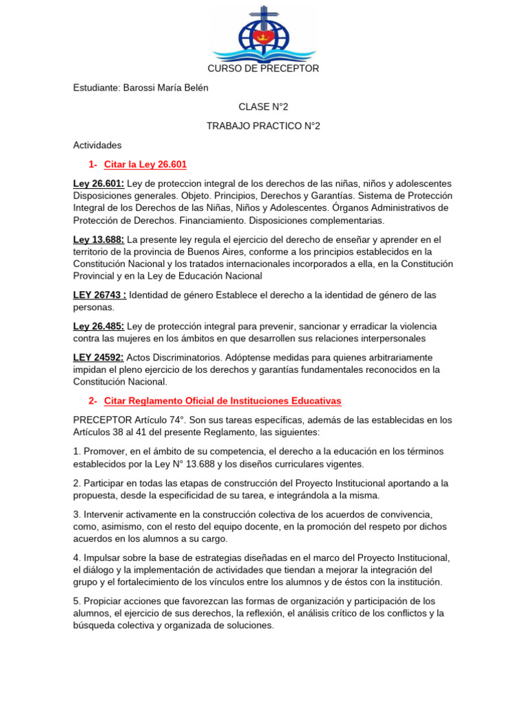 CURSO DE PRECEPTOR Trabajo Practico N 2 | PDF | Escuelas | Maestros