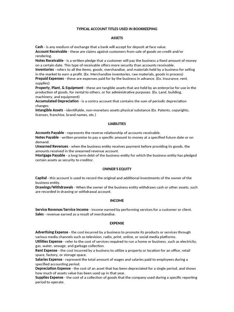 Typical Account Titles Used in Bookkeeping | PDF | Debits And Credits ...