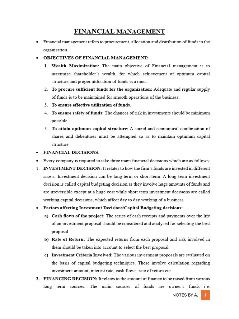 Financial Management Notes | PDF | Dividend | Working Capital