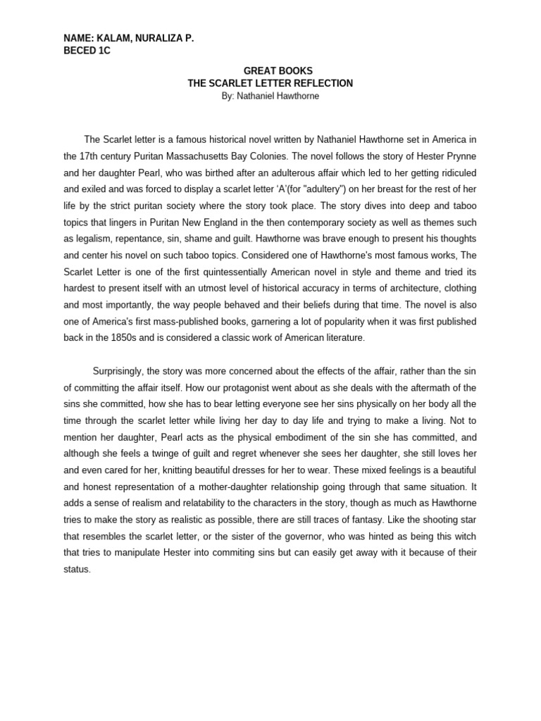 Great Books-The Scarlet Letter Reflection | PDF | The Scarlet Letter