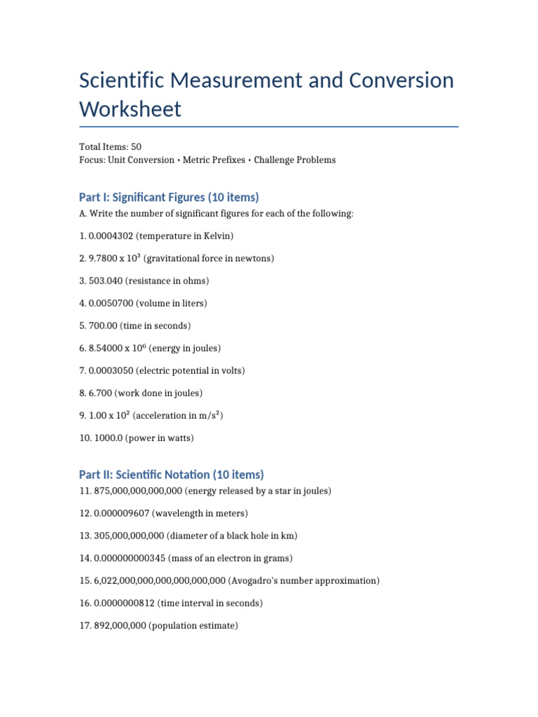 Physics Conversion 50 Item Worksheet | PDF | Metre | Litre