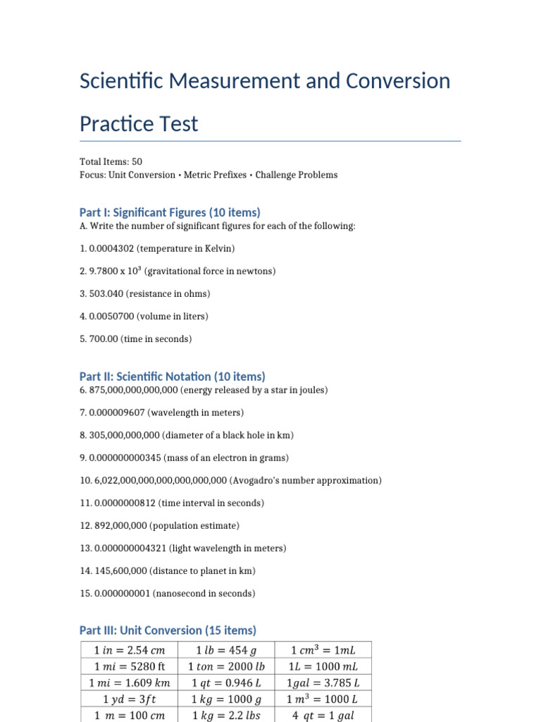Physics Conversion PracticeTest | PDF | Litre | Metre