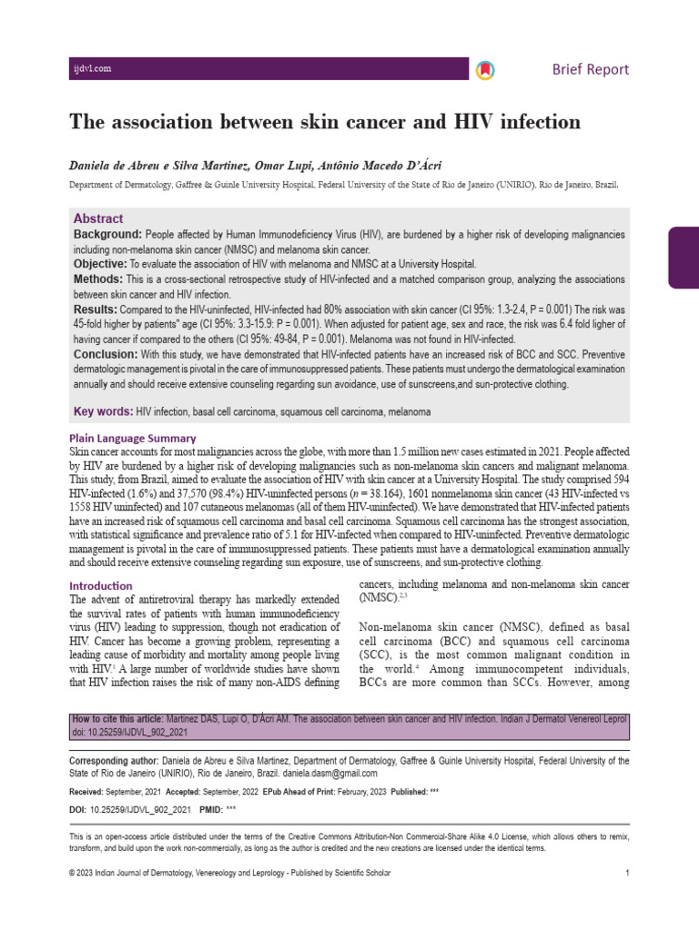 The Association Between Skin Cancer and HIV Infection | PDF | Skin ...