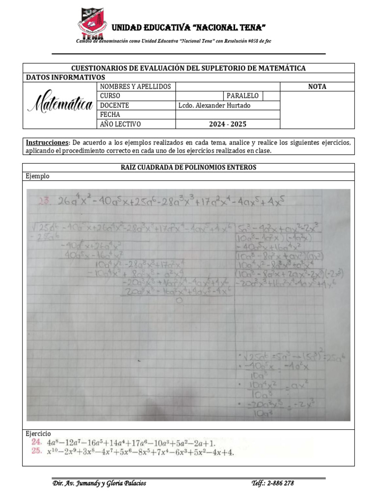 Cues. Eval. Suple. Matemática. 3er Trim. 10.º Décimo EGB C 2023 2024 | PDF | Matemáticas | Álgebra