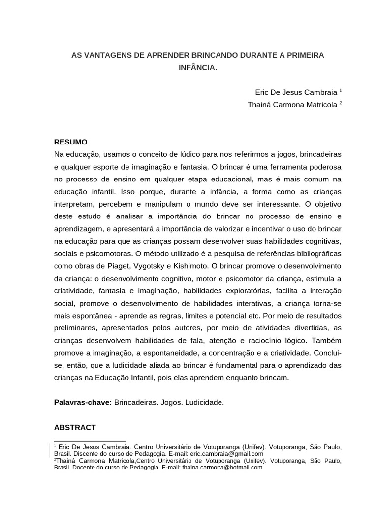 As Vantagens de Aprender Brincando | PDF | Aprendizado | Pré-escola