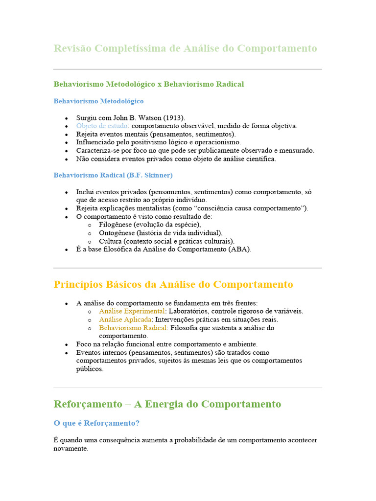 revisao behaviorismo | PDF | Behaviorismo | Comportamento