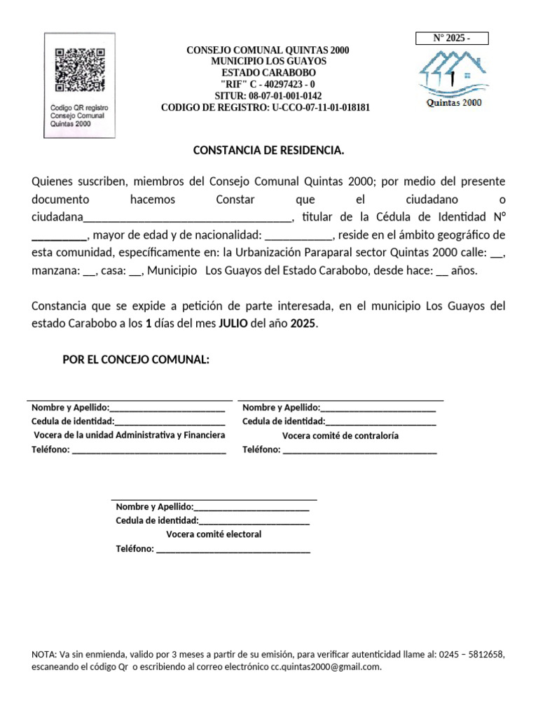 Constancia de Residencia en Blanco | PDF