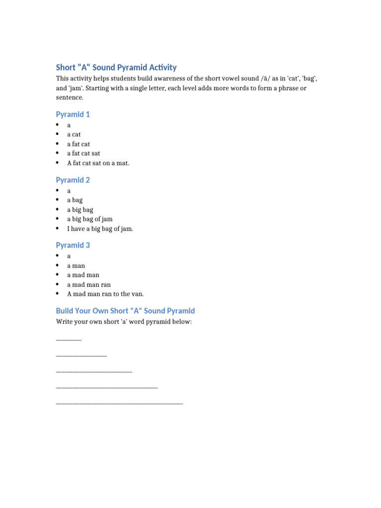Short "A" Sound Pyramid Activity | PDF