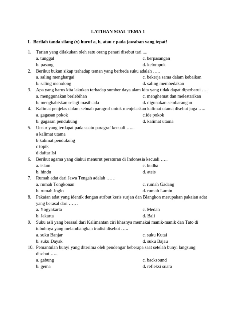 Latihan Soal Tema 1 Kelas 4 | PDF