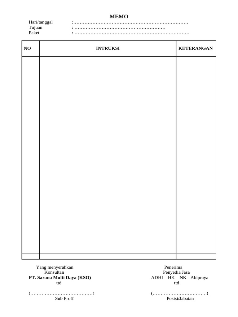 Format Memo Proyek KSO ADHI-HK-NK | PDF