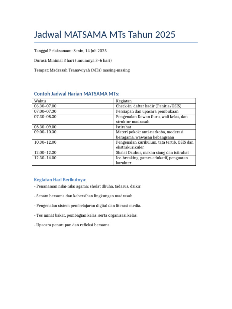 Jadwal Matsama Mts 2025 | PDF