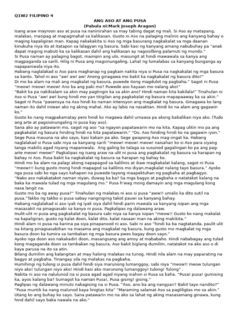 Q1w2day1 Filipino 4 - Ang Aso at Ang Pusa | PDF
