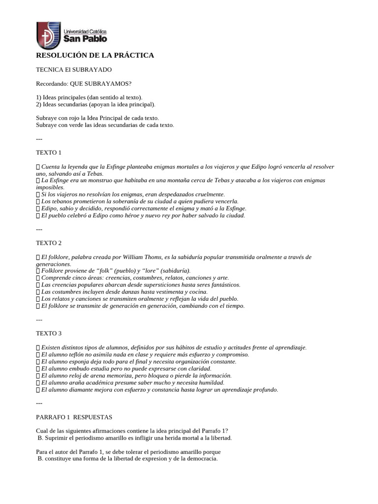 SESION 1 Practica El Subrayado Resuelto | PDF | Esfinge | Folklore