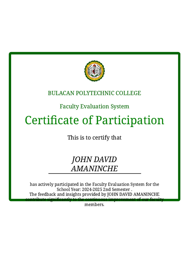Faculty Evaluation Participation Certificate | PDF