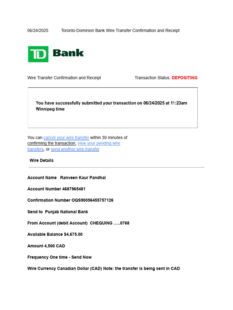Wire Transfer Tracking Receipt | PDF