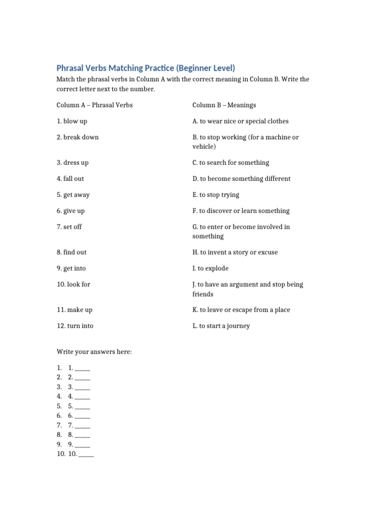 Phrasal Verbs Matching Exercise | PDF