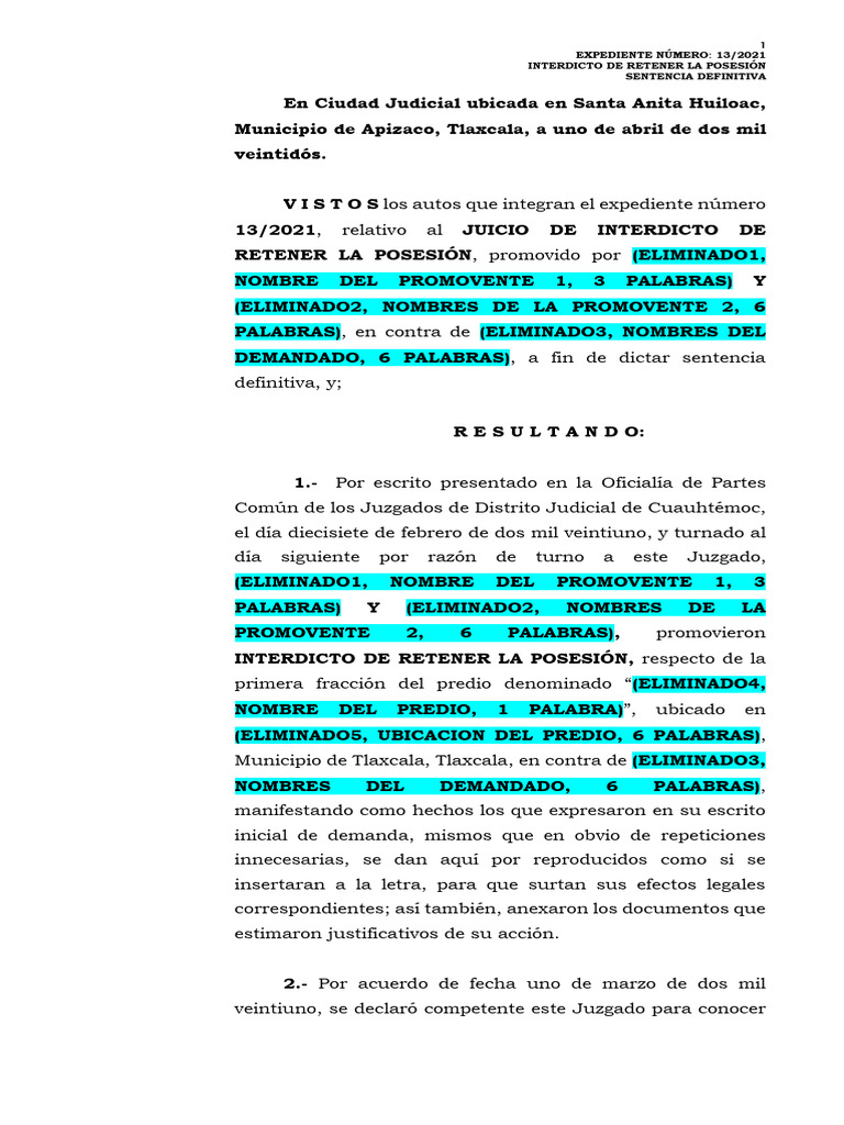 Sentencia Interdicto de Retener La Posesion | PDF | Demanda judicial ...