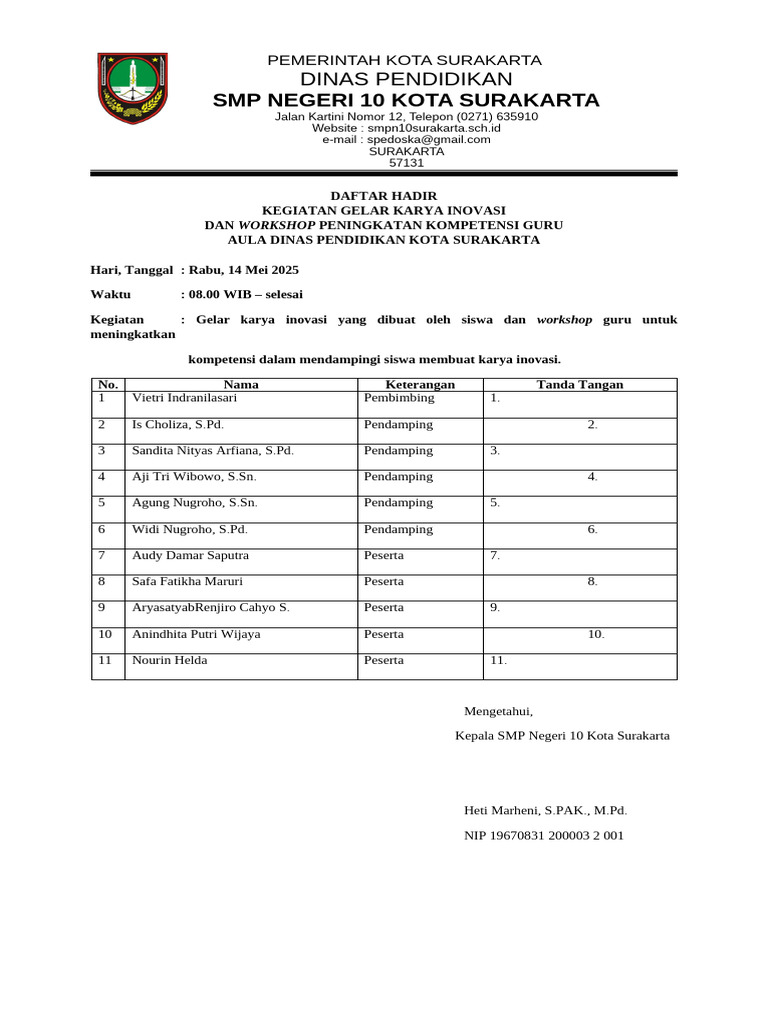Contoh Format Daftar Hadir Siswa Dan Pembimbing | PDF