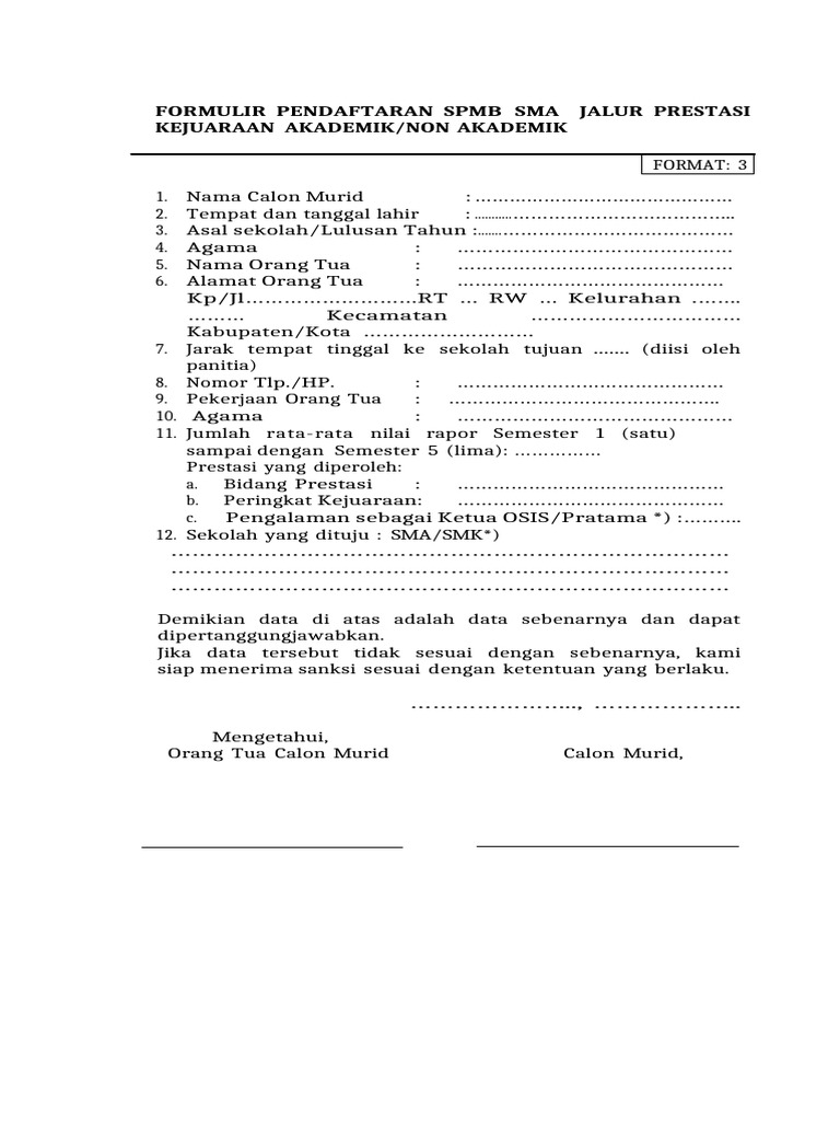 Formulir Pendaftaran SPMB Jalur Prestasi | PDF