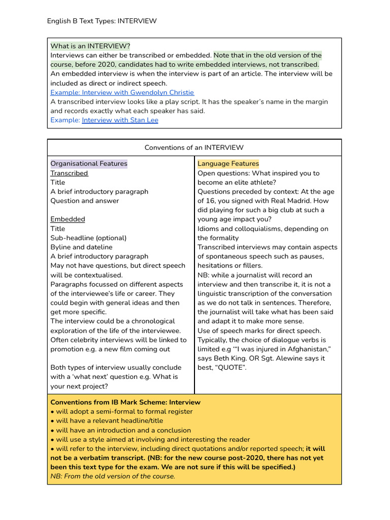 English B Text Types - INTERVIEW | PDF | Interview | Language Mechanics
