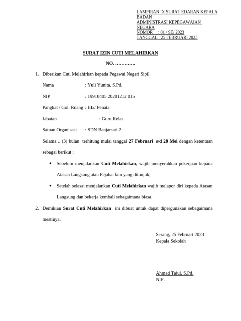 Surat Cuti Melahirkan | PDF