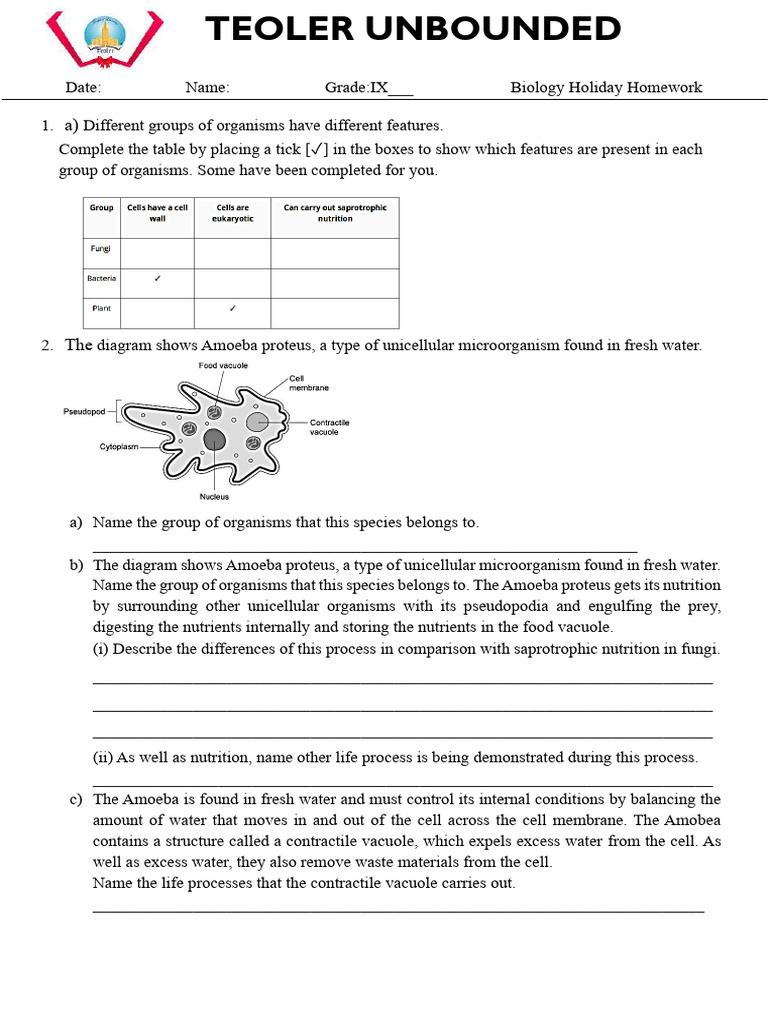Grade-9 Biology Holiday Home Work | PDF | Vacuole | Organisms
