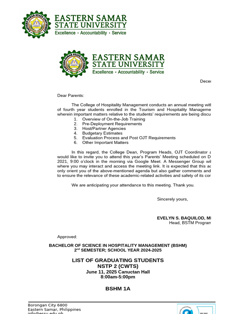 List of Graduating Students SY 2024 2025 2nd Semester | PDF | Tourism ...