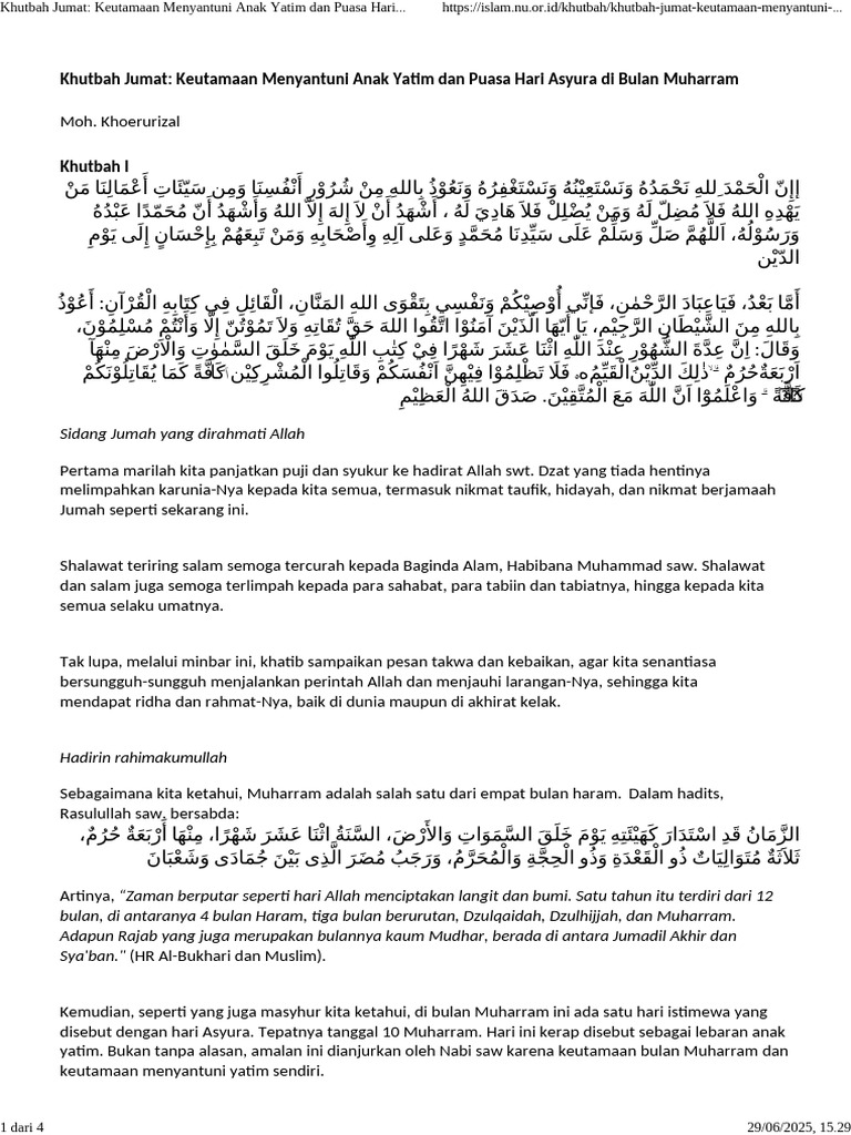 Khutbah Jumat - Keutamaan Menyantuni Anak Yatim Dan Puasa Hari Asyura Di Bulan Muharram | PDF